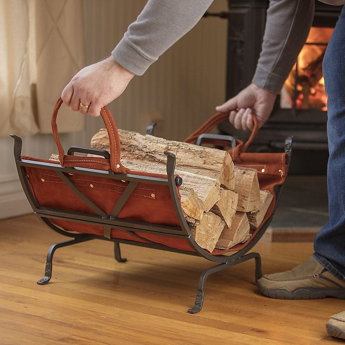 Uniflame Olde World Iron Firewood Log Holder with Suede Leather Carrier