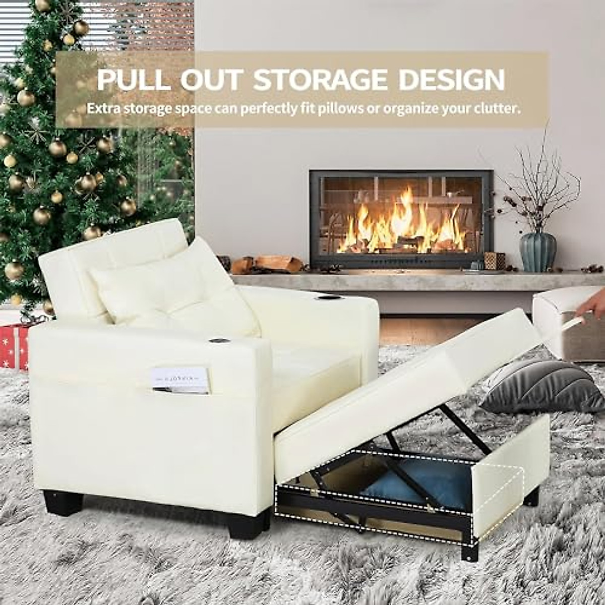 DURASPACE 39 inch Futon Chair Bed Convertible Chair 3-in-1 Pull Out Sleeper Reading Chair Beds with USB, Armchair Sleeper Bed for Living Room, Dorm, Small Space (Off White Faux Leather)