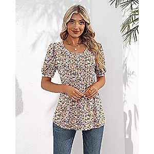 Ficerd Women's Puff Short Sleeve Tunic Tops Pleated Crew Neck Blouses Dressy Casual Loose Spring and Summer T-Shirts (Pink Flower, Medium)