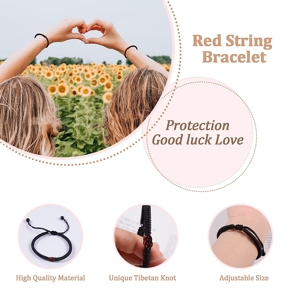 PZXHRY Best Friends Bracelet Red String Of Fate Bracelets For Friend Long Distance Matching Friendship Bracelets Gifts For Best Friend Men Women (Black)