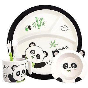 Bamboo Toddler Dinnerware Set,5Pcs Baby Plates and Bowls,Kids Dinnerware Set,Bamboo Kids Plates and Bowls Set,Christmas Kids Dishes Dinnerware Sets with Plate,Bowl,Cup,Fork and Spoon (Panda)