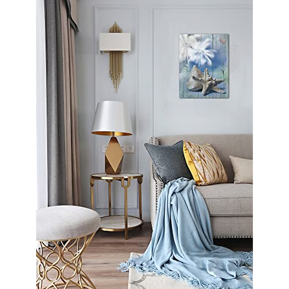 Bathroom Blue Ocean Picture Nursery Canvas Wall Art Palm Tree Coastal Conch Seashell Painting Starfish Modern Artwork Framed for Bedroom Living Room Home Office Wall Decor 12"x16"