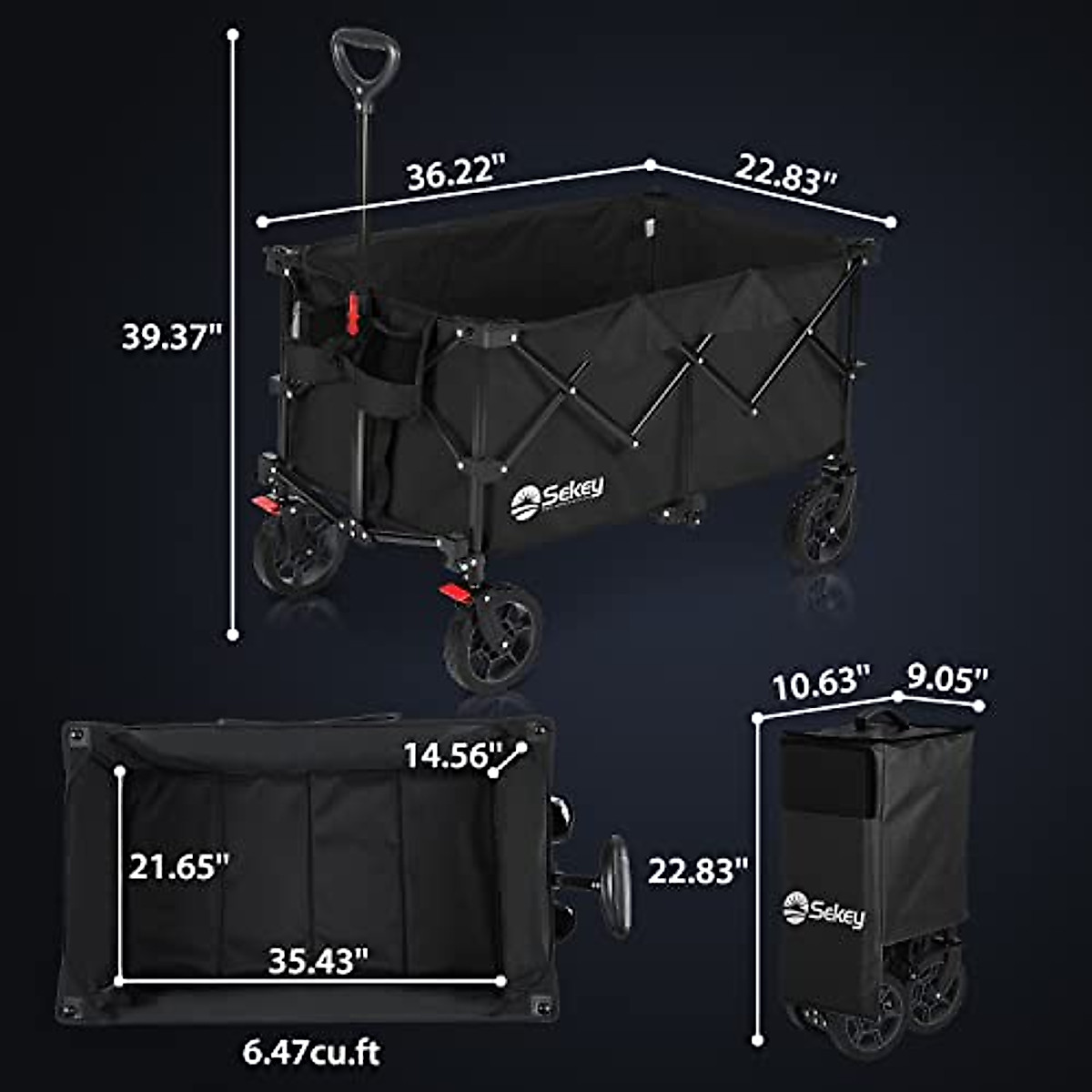 Sekey Collapsible Foldable Wagon with 220lbs Weight Capacity, Heavy Duty Folding Utility Garden Cart with Big All-Terrain Beach Wheels & Drink Holders. Black