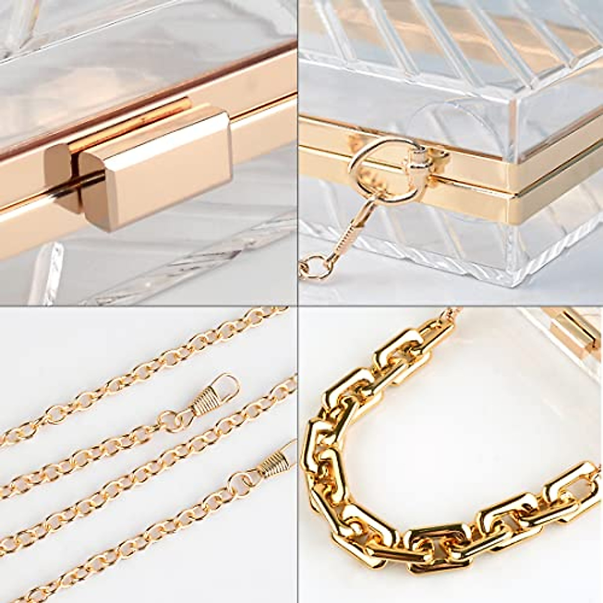 LUEXBOX Acrylic Women Clear Purse, Evening Clutch Handbag with Removable Gold Chain, Transparent Crossbody Shoulder Stadium Purse for Gameday, Bridal, Bachelorette Party, Prom & Concert (V Shape)