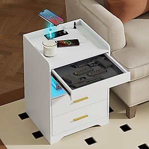 dnbss Nightstand with Lockable Gun Drawer, Night Stand with Charging Station, USB & Type-C Port, Modern Bedside Table with Light, 3 Color Dimmable Lighting for Bedroom (White)