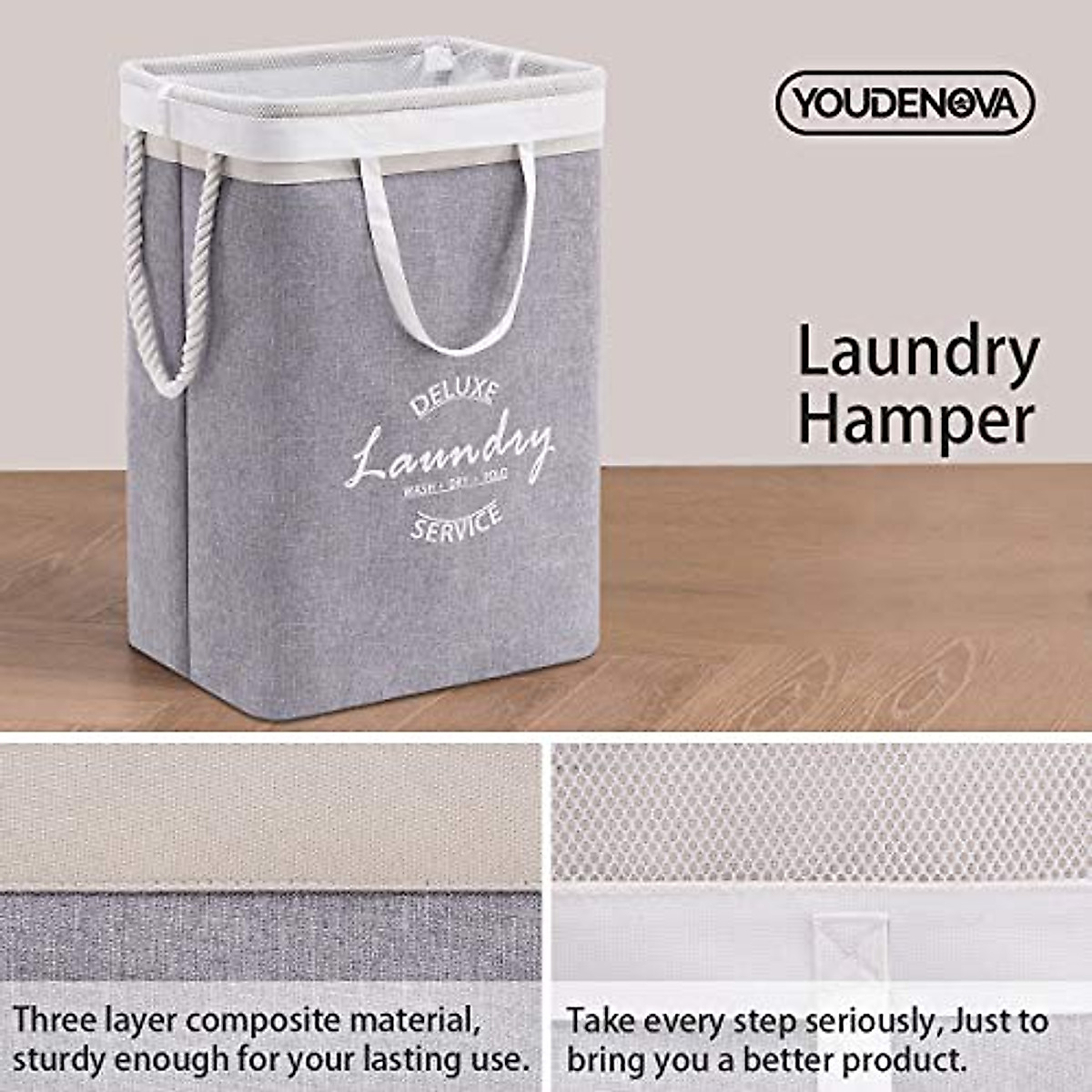 YOUDENOVA 72L Large Laundry Hamper Basket with Detachable Brackets and Handle,Collapsible Storage Basket with Removable Liner Bag for Bedroom,Bathroom Clothing and Toys Organization,Grey