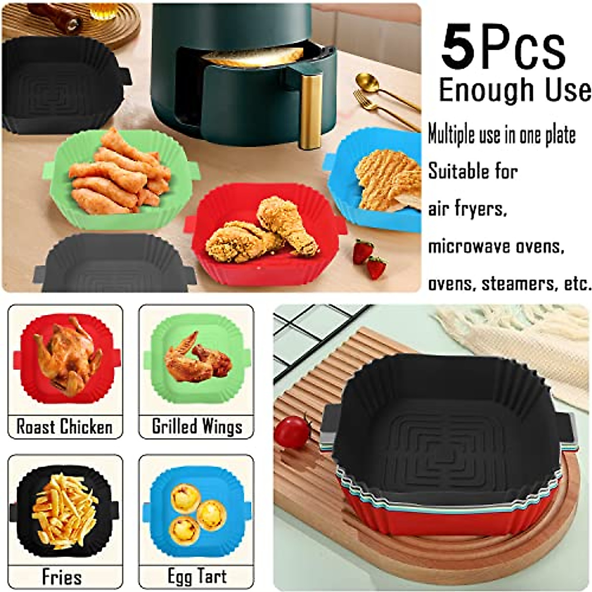 5pcs Silicone Air Fryer Liners，8 Inch Air Fryer Silicone Liners, Food Safe Air Fryer Accessories,Reusable Air Fryer Silicone Bowl Fits 4 To 7QT （Round ）