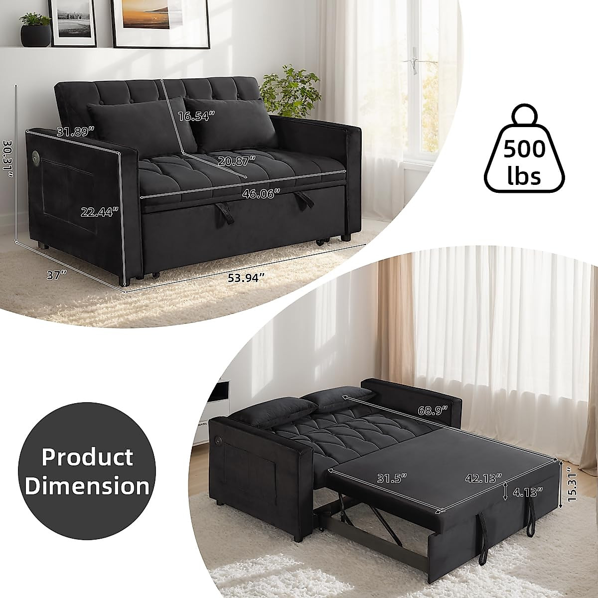 ZKJOLMN 3 in 1 Convertible Pull Out Couch Bed, Velvet Sleeper Sofa Couch with Pull Out Bed, Loveseat Sleeper with Adjustable Backrest, Pull Out Sofa Bed Sleeper for Living Room (Black)