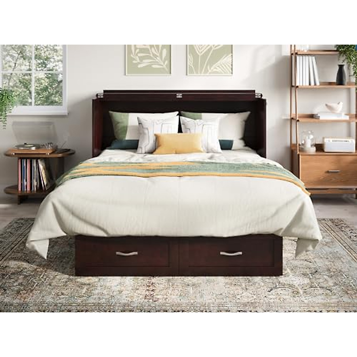 AFI, Chelsea Mid-Century Modern Queen Solid Wood Murphy Bed Chest with Mattress in Espresso