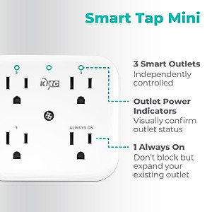 KMC Smart Tap Mini, 4-Outlet Wall Mounted Multiple Smart Plug Adapter, 3 Independently Controlled Wi-Fi Smart Outlets & 1 Always-On Outlet, No Hub Required, Alexa & Google Home Compatible