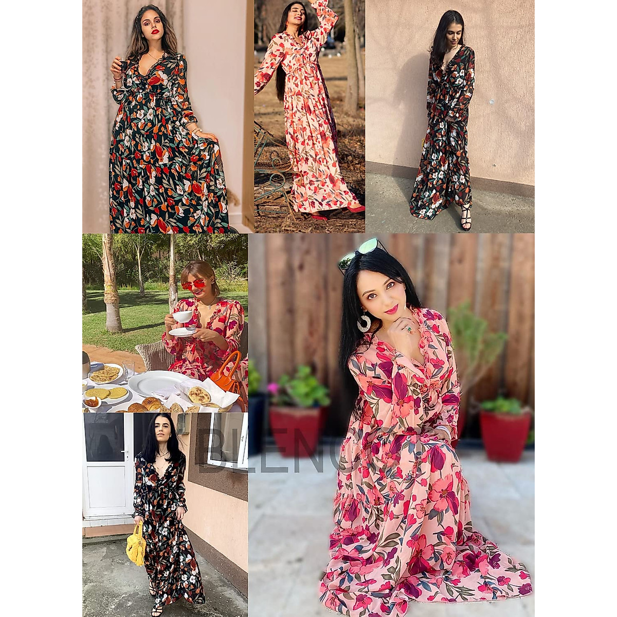 BLENCOT Womens Casual Floral Deep V Neck Long Sleeve Long Evening Dress Cocktail Party Maxi Wedding Dresses Floral Pattern Red Large