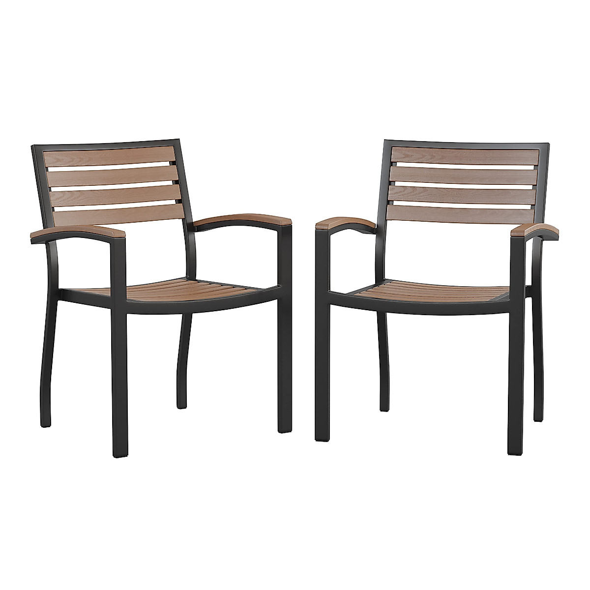 EMMA + OLIVER Stackable Aluminum Patio Chair - Set of 2 All-Weather Black Framed Side Chair with Faux Teak Slats - Commerical Grade