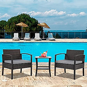 Whubefy 3 Pieces Patio Furniture Set, Rattan Wicker Bistro Set Table and 2 Chair with Washable Cushion for Garden Poolside Balcony