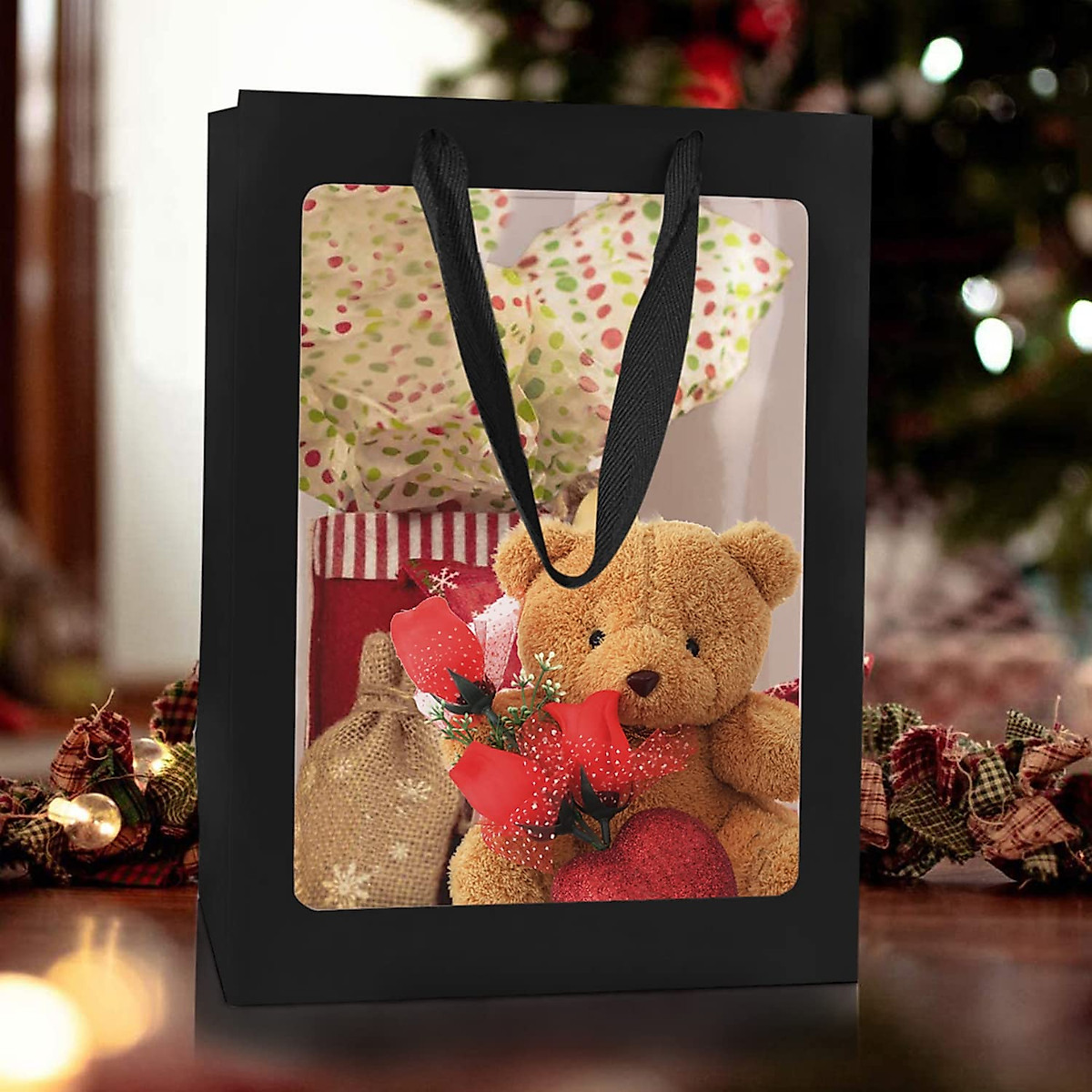 12 Pcs Black Kraft Paper Gift Bags with Transparent Window, 9.84"x7.0"x5.12" Kraft Shopping Bags with Handles for Present, Festivals Party