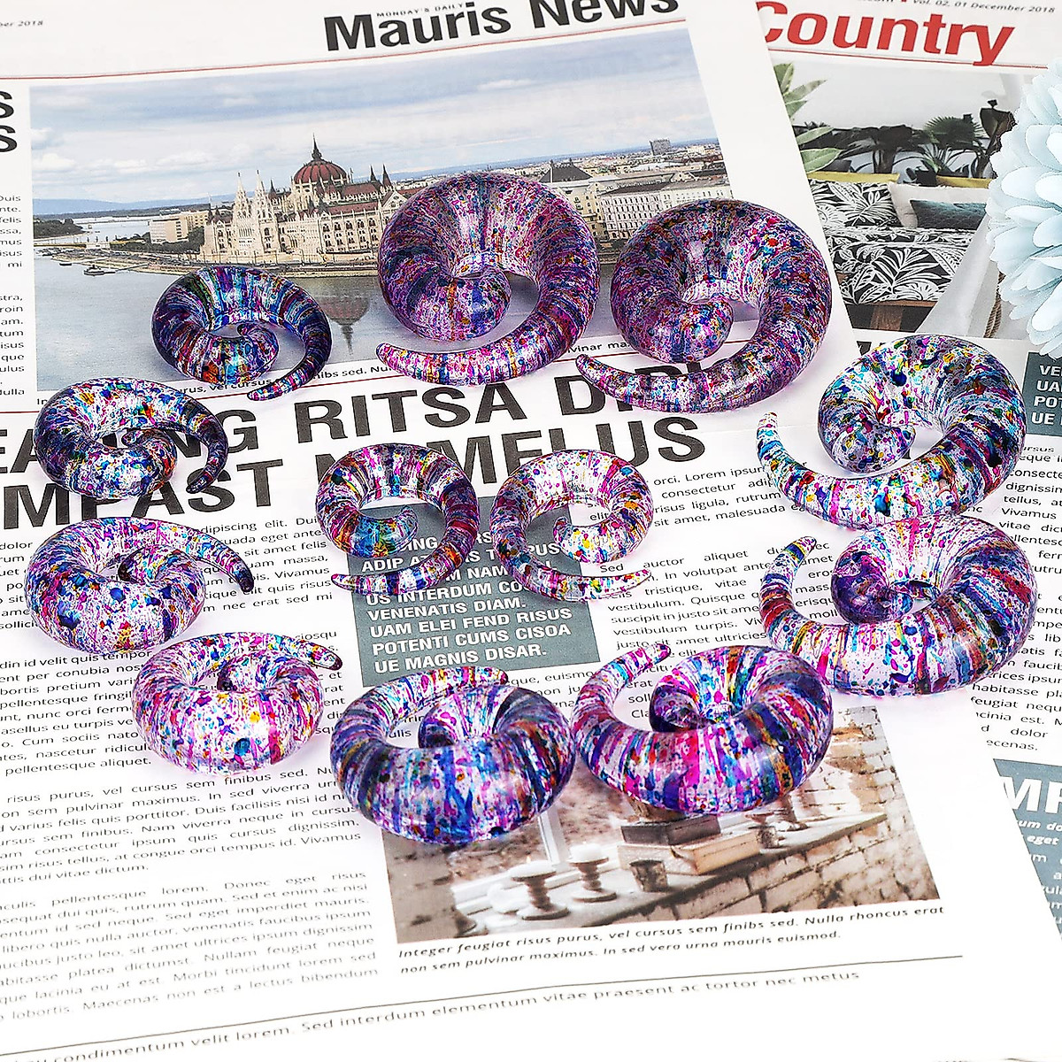 Qmcandy 12pcs Big Gauges Spiral Ear Stretching Kit 00G-20mm Large Acrylic Spiral Set, Rainbow Glitter