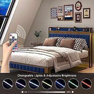 Saudism LED Bed Frame with Charging Station, Queen Size Bed Frame with Headboard Storage, Sturdy and Durable, No Box Spring Needed, Gold+Navy Blue