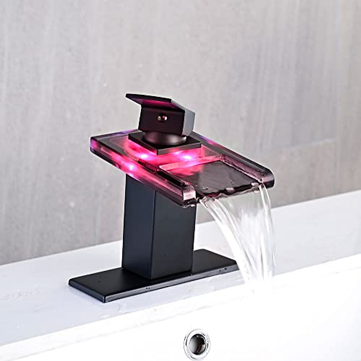 AVSIILE LED Bathroom Sink Faucet, Matte Black Waterfall Single Hole Handle RV Bath Vanity Faucets for Sinks 1 Hole with Metal Pop Up Drain and 2 Water Supply Lines, Open Glass Spout
