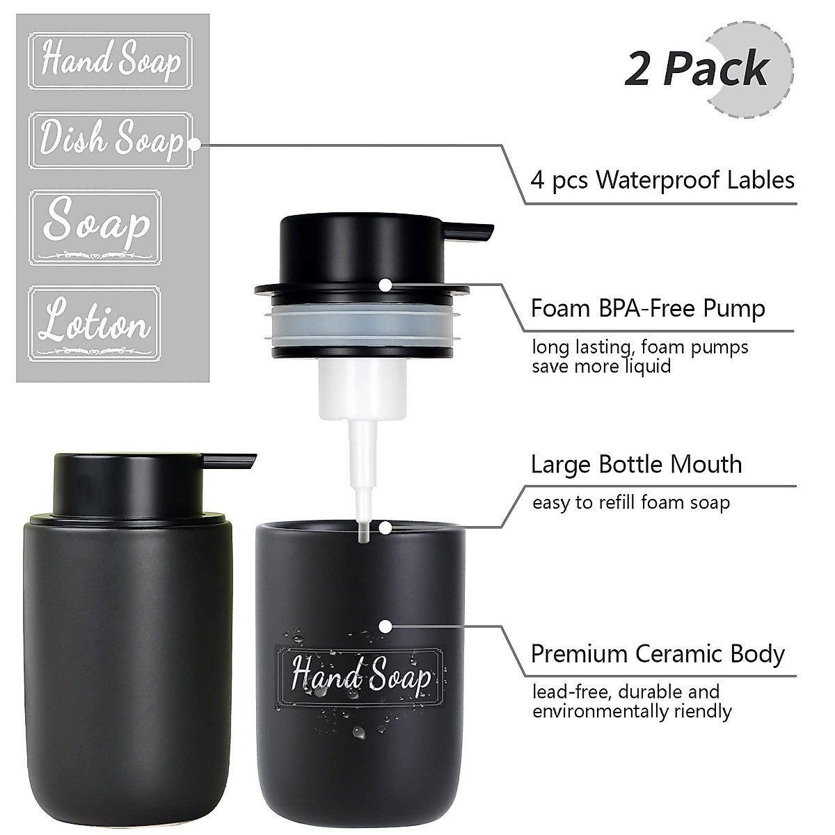 BosilunLife Foaming Soap Dispenser Set - Black Ceramic Foam Hand Soap Dispenser 12oz Set with Rust Proof Pump, 4Pcs Clear Stickers for Kitchen, Bathroom - 2 Pack