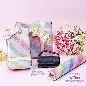 THMORT Glitter Gradient Rainbow Wrapping Paper Roll with a Cutter Kit for Girls&Boys,Babie Kids Adults,17 Inch X 33 Feet Gold Glitter Princess Pink Birthday Gift Wrapping Paper Roll for Baby Shower.
