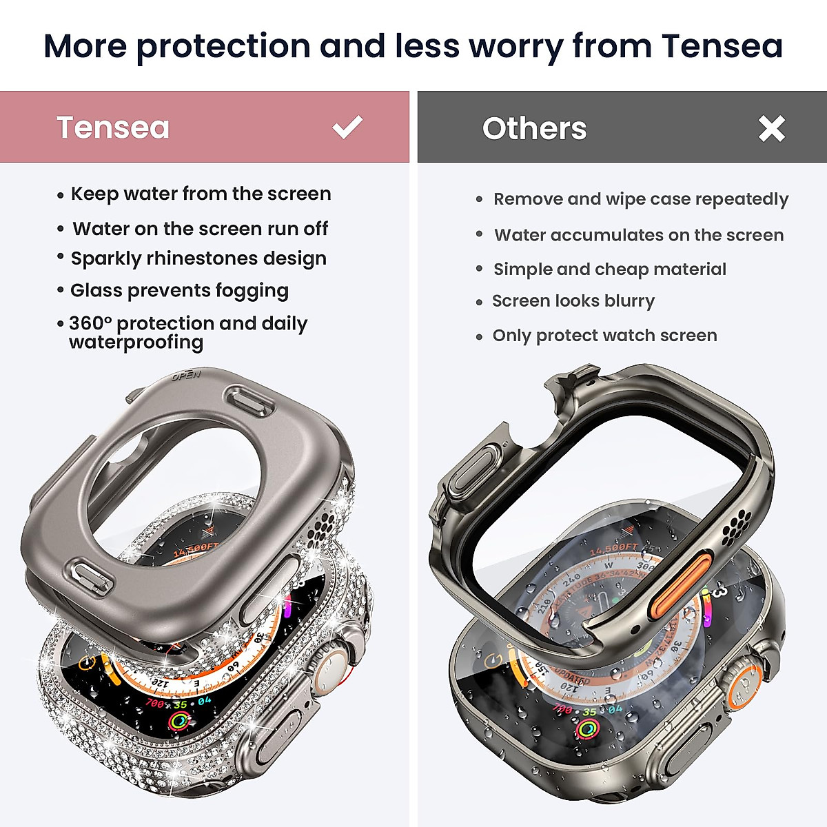 Tensea [2 in 1 for Waterproof Apple Watch Ultra2/Ultra Screen Protector Case 49mm Accessories, iWatch Hard PC Diamond Front and Back Bumper Case with Tempered Glass Film, Bling Face Cover Women, 49 mm