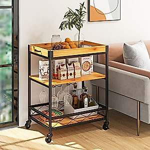IFANNY Bar Cart, 3 Tier Rolling Cart with Removable Tray and Glass Holder, Wood Coffee Cart on Wheels, Small Kitchen Storage Islands & Carts, Serving Cart for Dining Room, Restaurant, Hotel