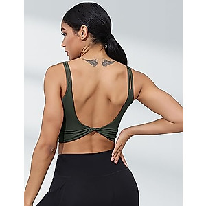 LUYAA Yoga Tank Tops for Women Workout Bras Open Back Crop Top with Built in Bra Cute Sports Bra Supportive Deep Green M