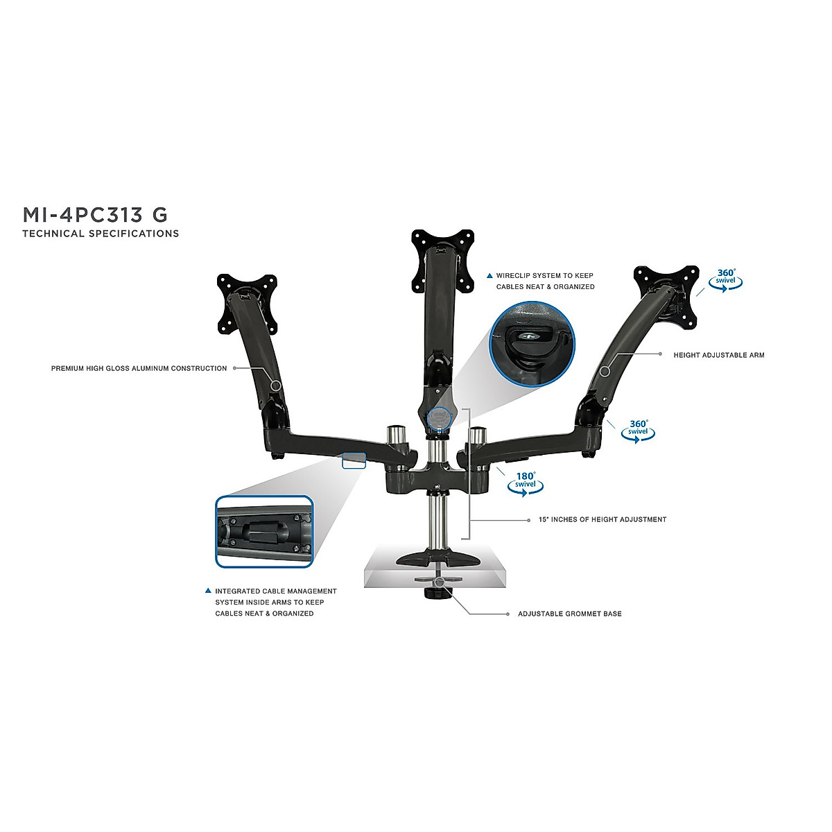 Mount-It! MI-4PC313G Triple Desk Monitor Mount, Gray