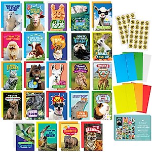 T MARIE 48 Funny Thank You Cards with Colorful Envelopes and Gold Stickers - Bulk 4x6” Boxed Set for Employee Appreciation Cards, Kids, Friends, Staff and Customers - Cute Animal Designs