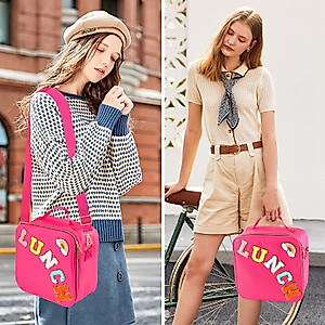 URSKYTOUS Insulated Lunch Bag for Women Girl Kid Teen Preppy Large Thermal Freezable Lunch Box Cute Hot Pink Big Reusable Kawaii Waterproof Lunch Tote Cooler Bag with Chenille Letter for School Office