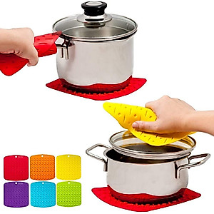 Aibrisk Silicone Trivet Mats Pot Holders for Kitchen Hot Dishes Hot Pads Spoon Rest Garlic Peeler Jar Opener Multipurpose Kitchen Tool 7''x7" Silicone Trivet Pot Mat (Set of 6)