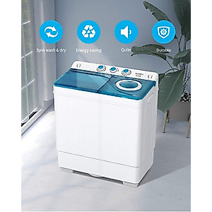 Twin Tub Portable Mini Washing Machine 26lbs Capacity, Compact Washer(18lbs)&Spiner(8lbs)/Built-in Drain Pump/Semi-Automatic (White&Blue)