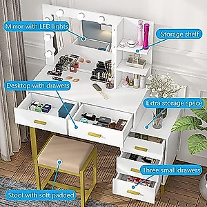 Hsozptry Makeup Vanity Desk with Mirror and Lights,Makeup Vanity Table Set with 5 Drawers,Cushioned Stool and Lightings, 45.51 inch Dressing Table for Bedroom Women Girls