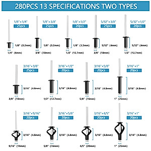 280pcs Black Pop Rivets Assortment Kit, SUVICTONG Aluminum Blind Rivets, (1/8" 5/32" 3/16") 13 Sizes Tri-fold Exploding Pop Rivet with Reinforced Label Case for Kayak Marine Boat