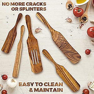 Wooden Spurtle Set Of 5 For Cooking, Acacia Wooden Utensils For Cooking, Wooden Spoons for Cooking, Non-Stick Tool Sets, Versatile Tools, As Seen On TV Bamboo Spatulas, Premium Utensil Spoons