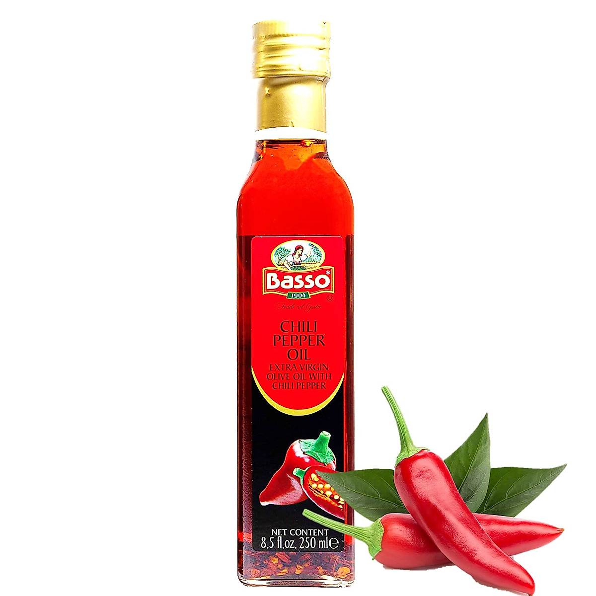 BASSO 1904 - Spicy Chili Oil, Infused Premium Extra Virgin Olive Oil, 8.5 Fl Oz (250 ml), Drizzle, Cooking, Dipping, Dressing, and Tasting