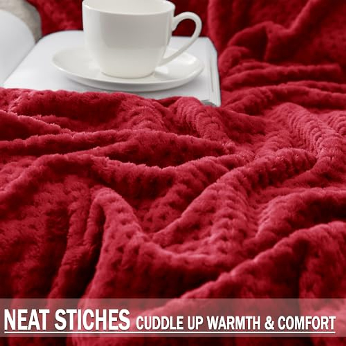 Exclusivo Mezcla Fleece Throw Blanket Extra Large, Super Soft and Warm Blankets for Couch, Sofa and Bed Waffle Textured, Cozy, Fuzzy and Lightweight (Deep Red, 50x70 Inches)