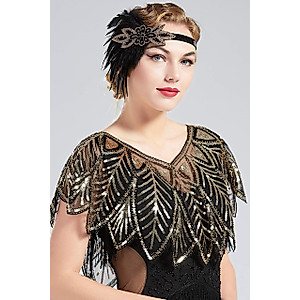 BABEYOND 1920s Shawl Wraps Sequin Beaded Evening Cape Bridal Shawl (Black Gold)