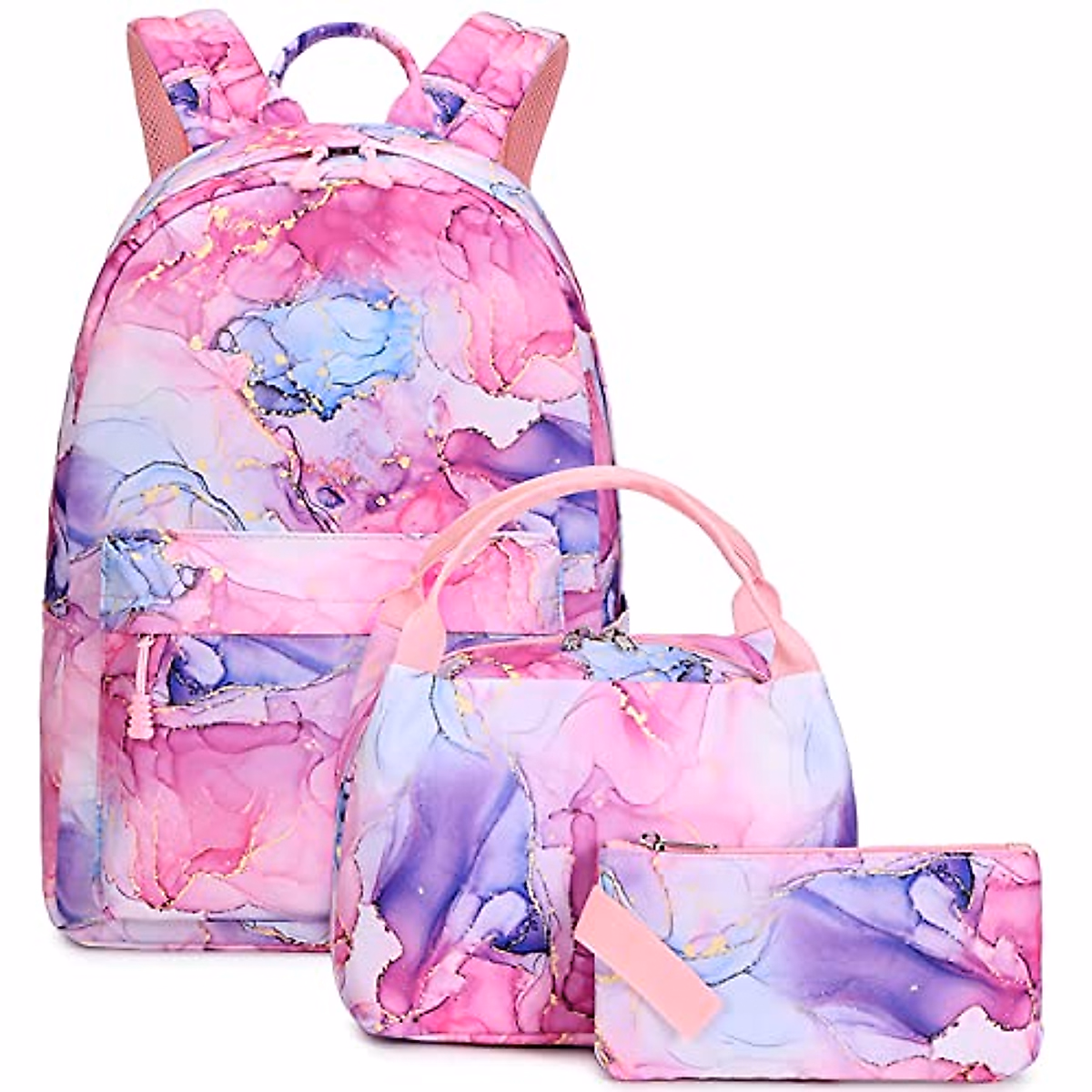 Biesena.h Backpack For Girls School Backpack Set With Lunch Box Kids Book Bag Toddler Backpack Waterproof Travel Bag (Red-Marble)