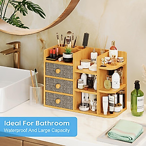 Makeup Organizer Countertop, Cosmetic Skincare Organizers With 3 Makeup Brush Holders/3 Drawers/7 Storage Shelves, Elegant Bamboo Make Up Storage Organizers Holder For Counter Vanity Dresser Bathroom