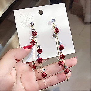 ANDPAI Unique Chic Long Tassel Chain Red Purple Rose Flower Dangle Drop Stud Earrings with White Sparkly Crystal for Women Statement Jewelry Gifts (Red)