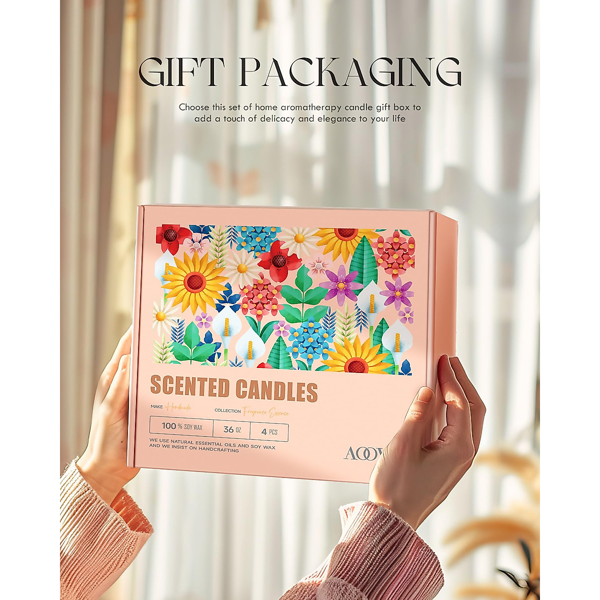 AOOVOO Golden Jar Scented Candles Set - Soy Wax Candle Set, Scented Candles for Women, Candles for Home Scented - 4 Pack Soy Candle Gifts Scents of Mint/Coconut/Lilac/Lemon