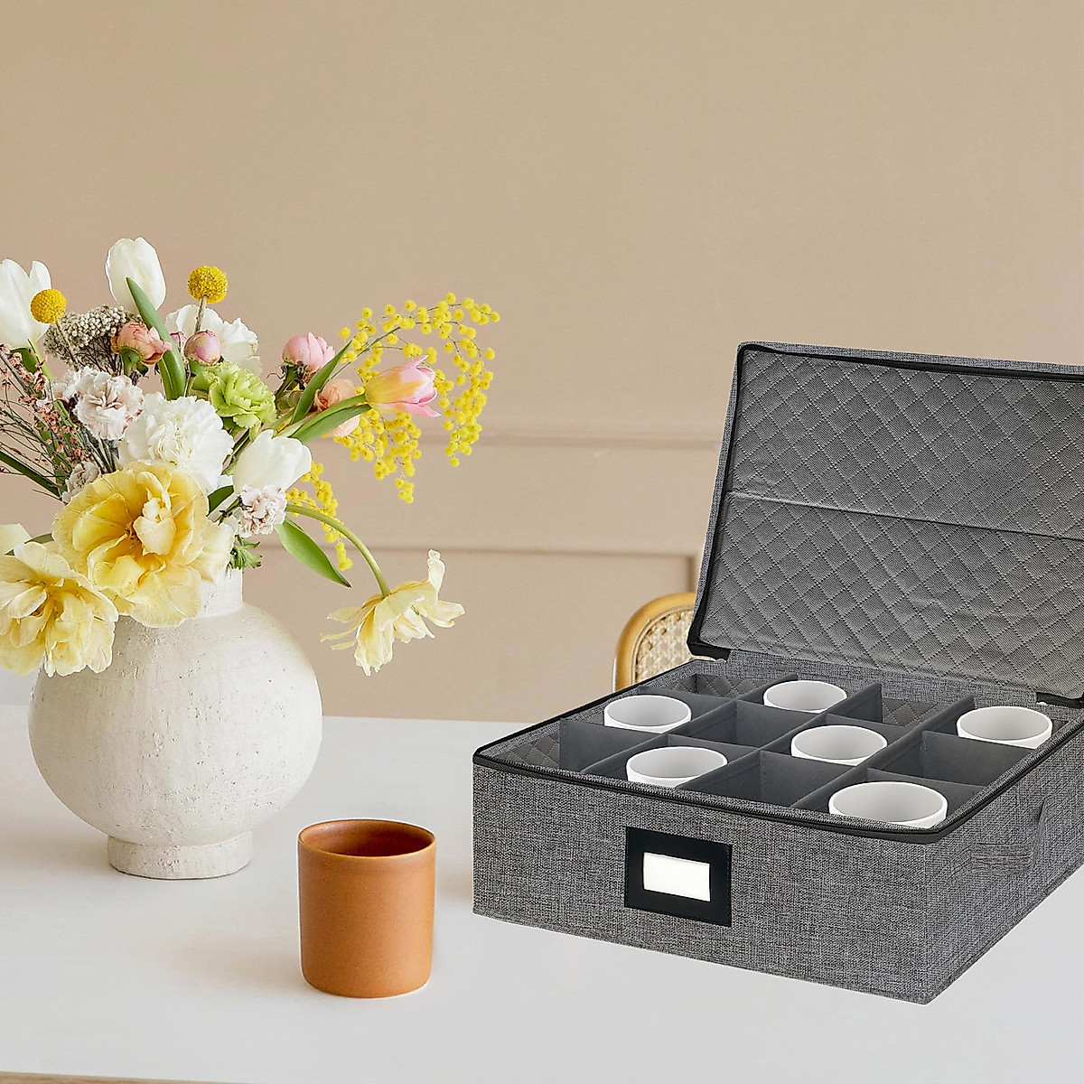 homyfort Mug and Cup Storage with Dividers - Hard Shell and Stackable China Storage Containers with Lid, Label and Handles, Holds 12 Coffee Mugs and Tea Cups (Dark Grey)