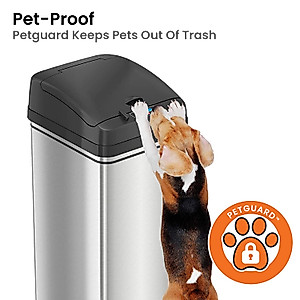 iTouchless 13 Gallon Pet-Proof Sensor Trash Can with AbsorbX Odor Filter Kitchen Garbage Bin Prevents Dogs & Cats Getting in, Battery and AC Adapter (Not Included), Stainless Steel and PetGuard