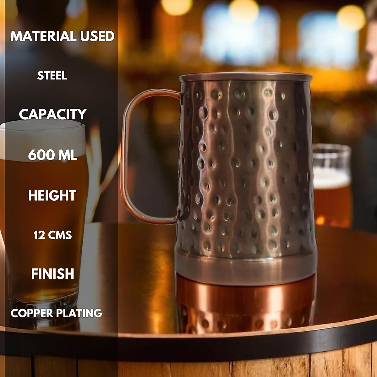 German Style Copper Finish Beer Stein Hammered - 100% Pure Heavy Gauge Steel Beer Mug 20 Oz