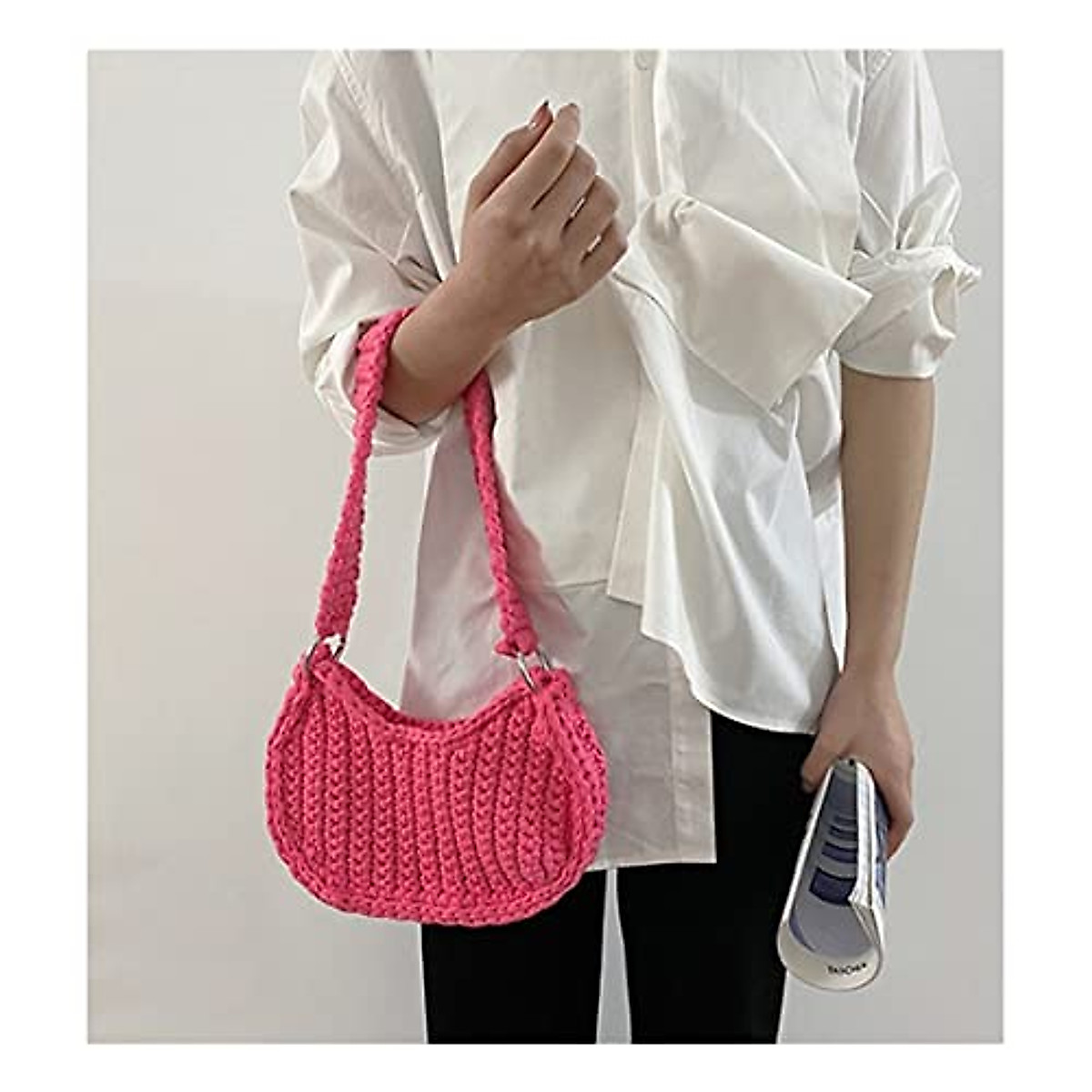 WYKDD Crochet Women Shoulder Bag Handmade Knitting Hobos Tote Wide Strap Handbags and Purses Woven Clutch (Color : Black, Size : 1)