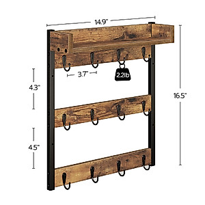 YATINEY Coffee Mug Holder Stand, 3 Tier Mug Tree Holder Rack, Mug Cup Rack Stand, Coffee Mug Rack can Hanging 12 Cups, with Top Shelf, for Kitchen and Coffee Station, Rustic Brown MH42BR