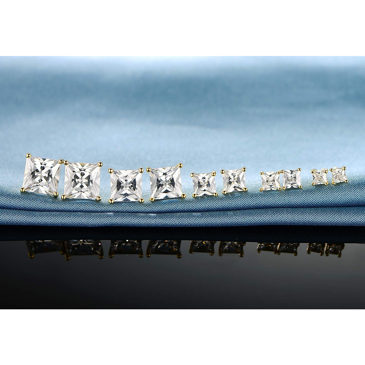 GEMSME 18K Gold Plated Princess Cut Clear Cubic Zirconia Stud Earrings Pack of 5 (gold)