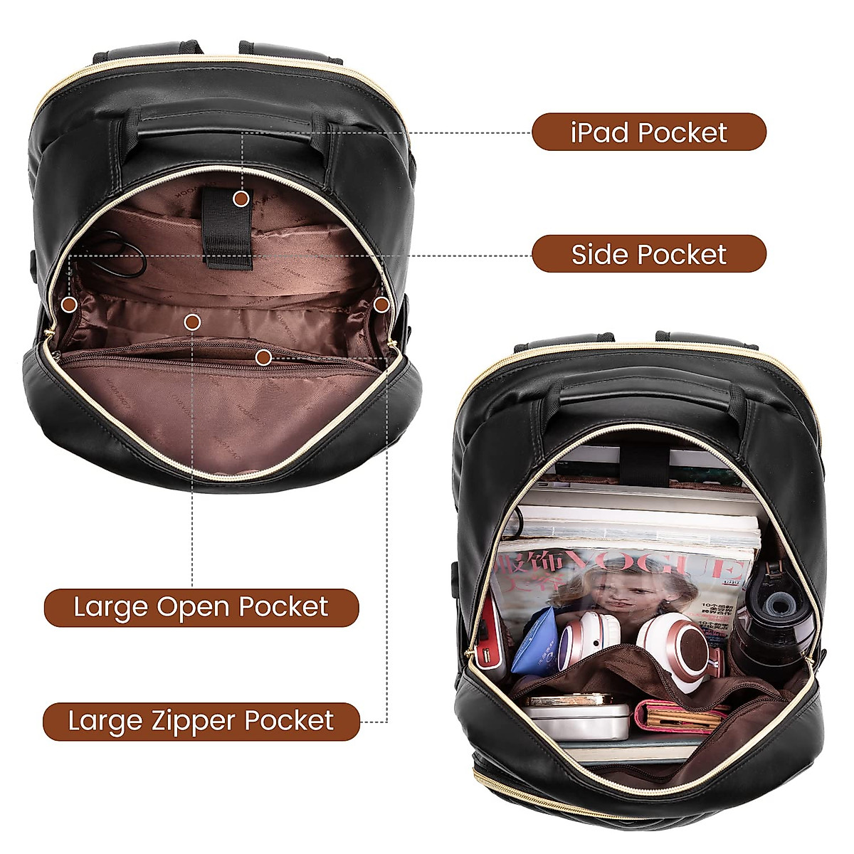 LOVEVOOK Laptop Backpack for Women, Faux PU Leather Quilted Backpack Purse, Business Computer Travel Work Bags, Nurse Backpack for Work, Fits 15.6-Inch Laptop, Black