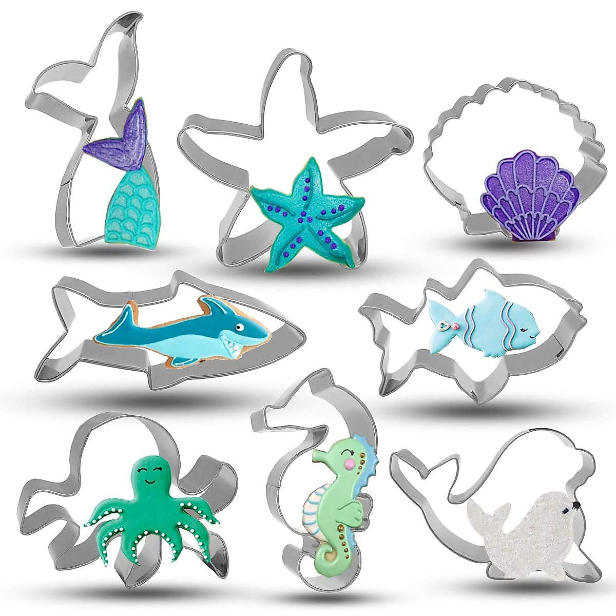 Bonropin Under The Sea Creatures Cookie Cutter Set - 8 Piece Stainless Steel Cutters Molds Cutters for Making Shark, Mermaid Tail, Seahorse, Starfish, Seashell, Octopus, Clownfish, Seal