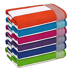 Terry Cabana 100% Cotton Bath Towels, Quick Dry Set of 6 Pack, (30" x 60")- Cabana Stripe - Microfiber Large Towel for Pool, Bath, Sport, Yoga, Camping, Swimming, Highly Absorbent, Light Weight & Soft